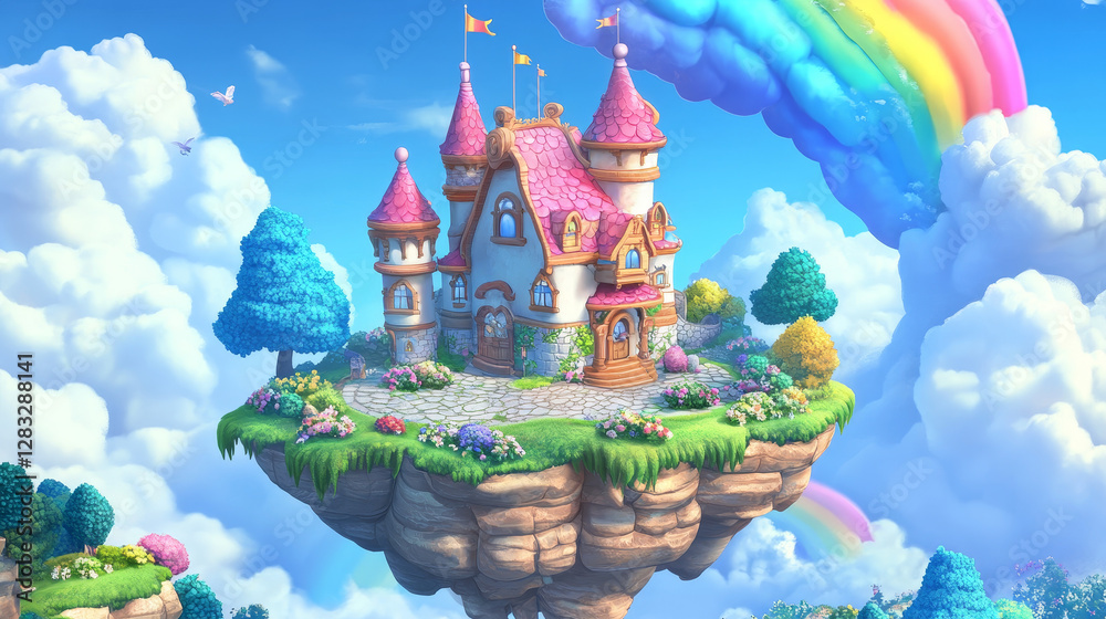 Стоковая иллюстрация «Purple fantasy sky with floating island and magic ...