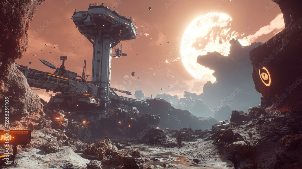 Outer space cartoon landing page, scientific station on alien planet ...