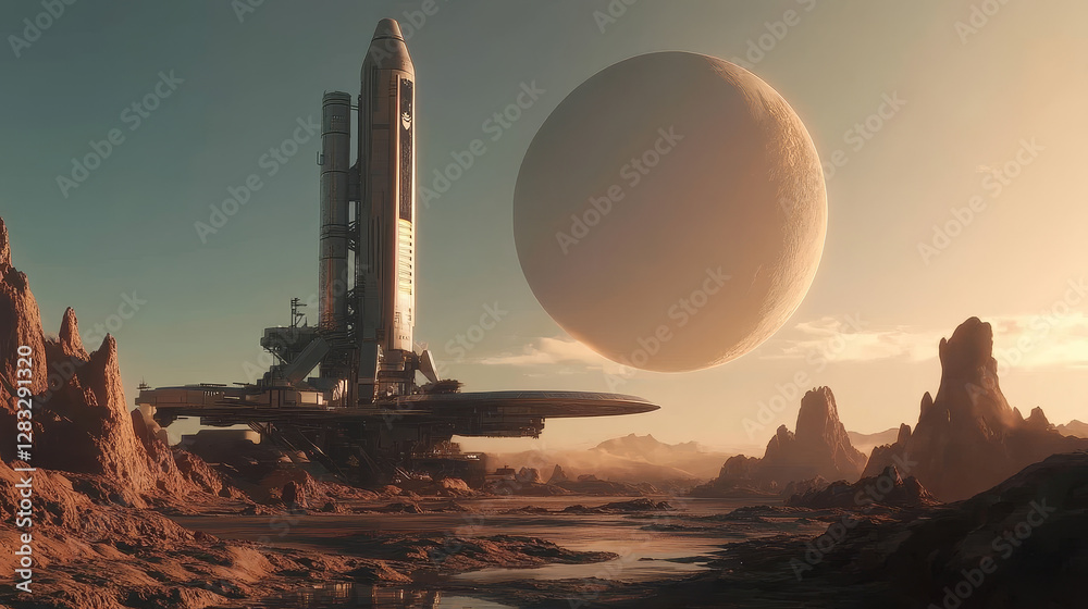 Outer space cartoon landing page, scientific station on alien planet ...