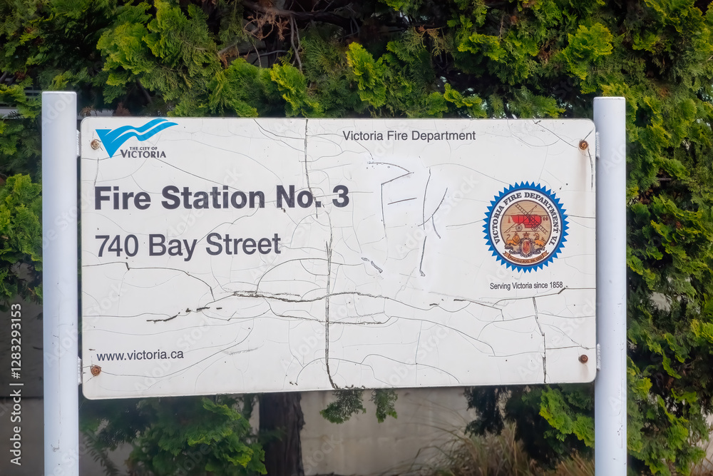 Victoria, British Columbia, Canada. Feb 15, 2025. A weathered sign ...