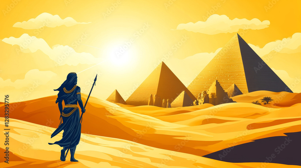 Ancient Egyptian pharaoh with rod in desert with pyramids. Vector ...
