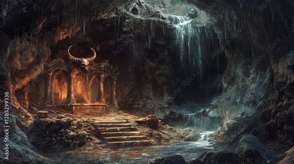 Underground rocky cave with ancient stone altar and flowing water ...