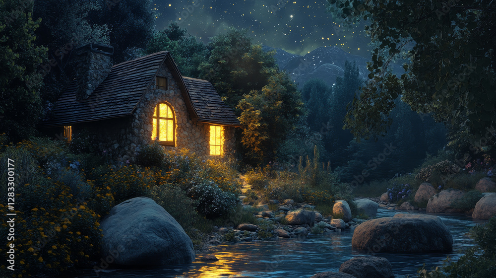 Old wooden house against night river landscape. Vector cartoon ...