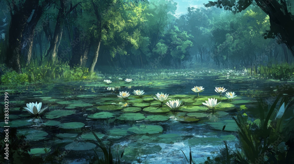 Swamp or lake with water lilies in forest. Nature landscape with marsh ...