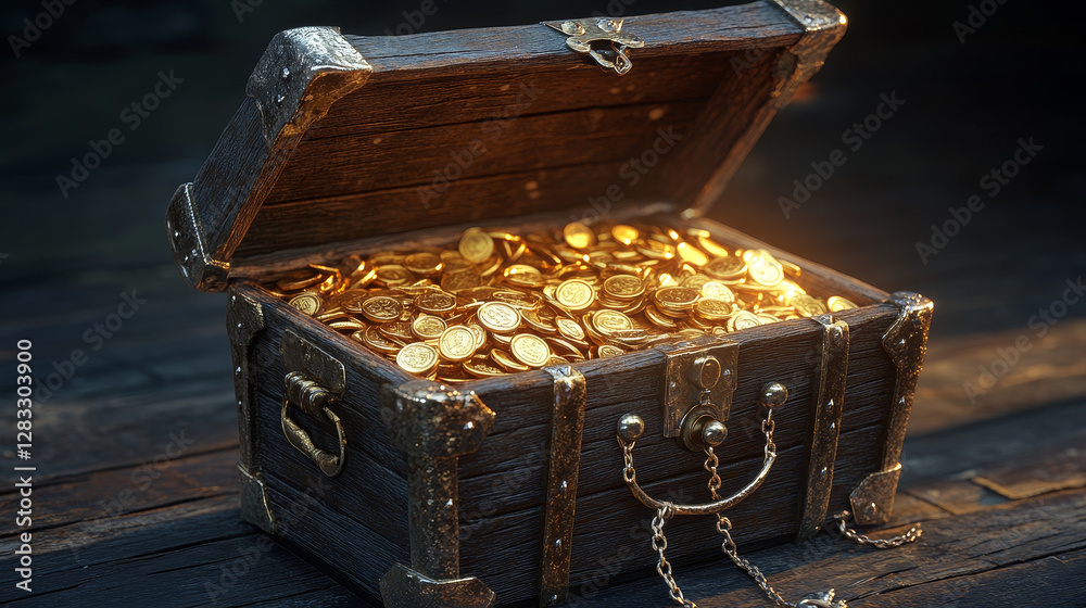 Treasure chest open with gold coins, locked with chain and padlock and ...