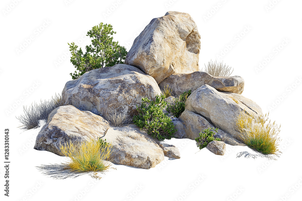 Isolated pile of textured rocks and greenery against a transparent ...
