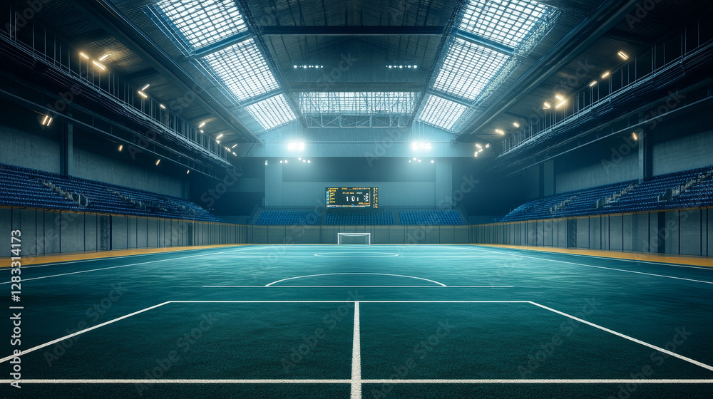 School court interior with soccer or football equipment. Sports arena ...