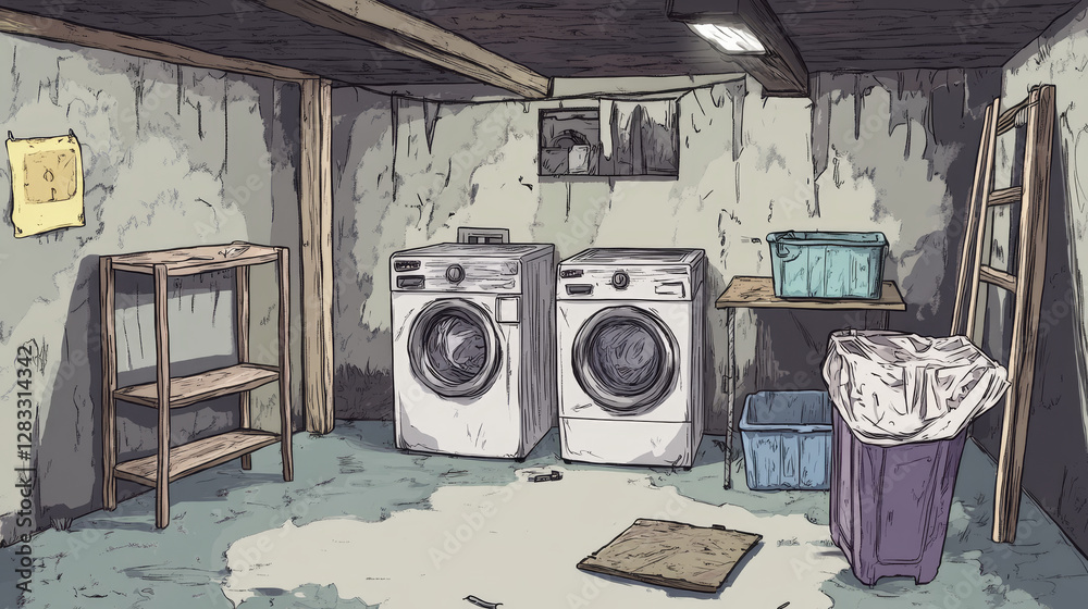 Old broken abandoned house basement room with damaged laundry equipment ...