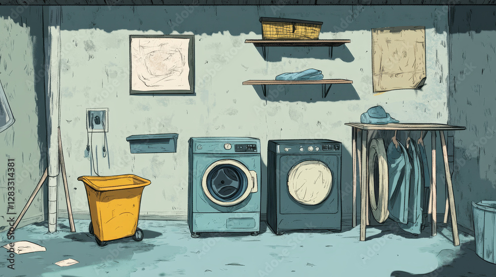Old broken abandoned house basement room with damaged laundry equipment ...