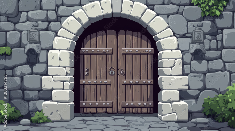 Medieval castle wall with gate and loopholes. Isolated dungeon or ...