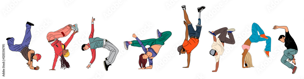 Set of different young men and women dancers in freestyle break-dance ...