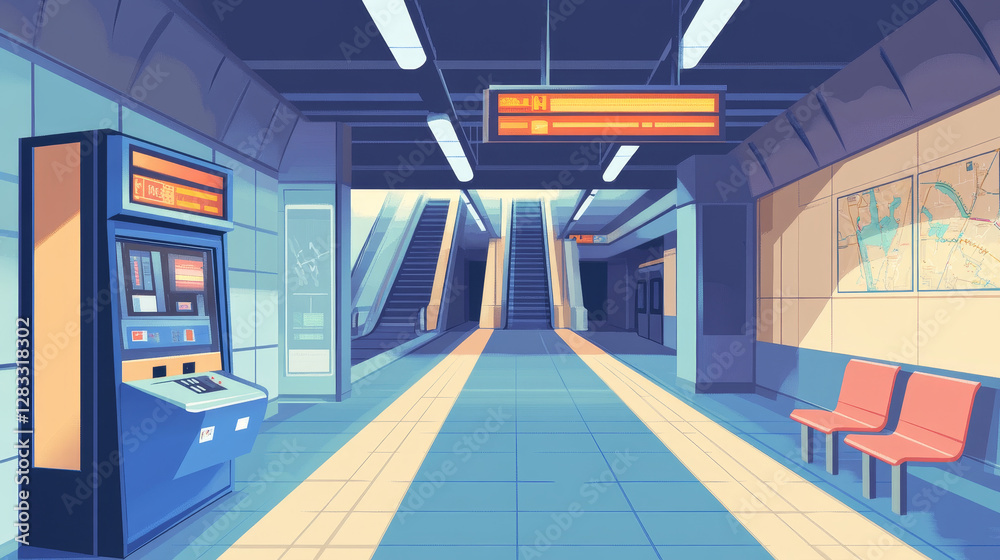 Metro station, arriving train to empty subway platform from underground ...