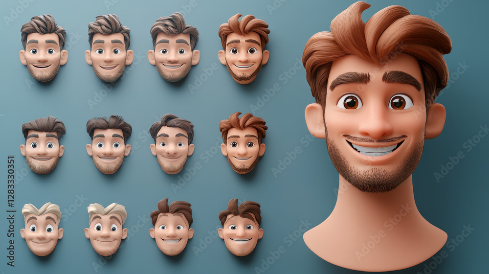 Young man face avatar construction kit with different haircuts and eyes ...