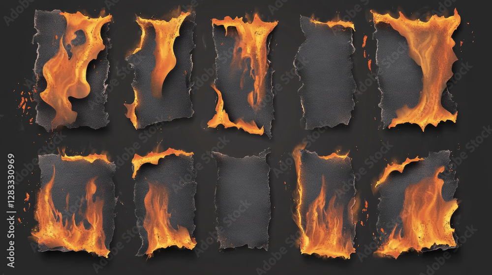 Burnt paper edges with fire and black ash isolated on transparent ...
