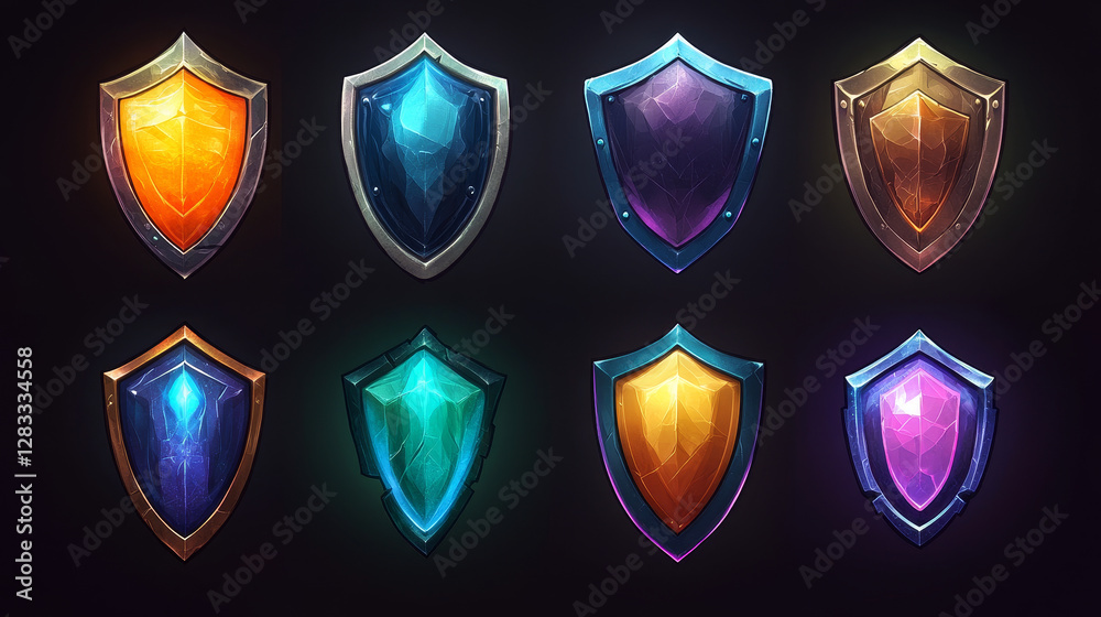 Quiz game shield icon cartoon vector element set. Choose category hover ...