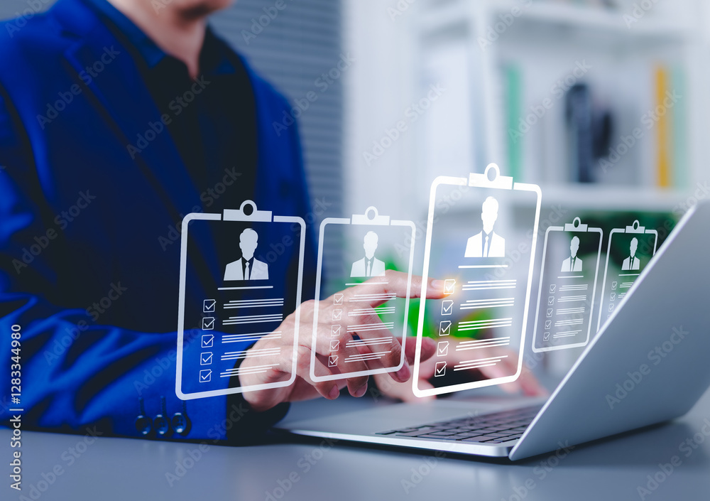 Recruitment and candidate selection concept. Businessman interacts with ...