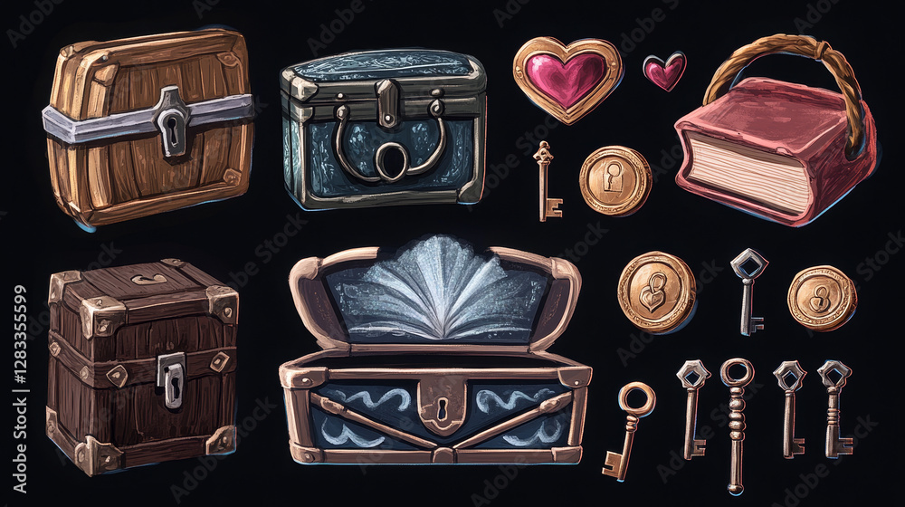 Magic game assets set isolated on black background. Vector cartoon ...