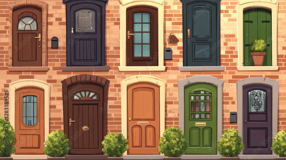 House entrances with different doors in brick wall. Vector cartoon set ...