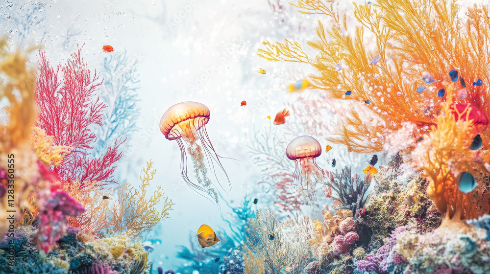 Sea underwater cute coral and jellyfish cartoon vector illustration set ...