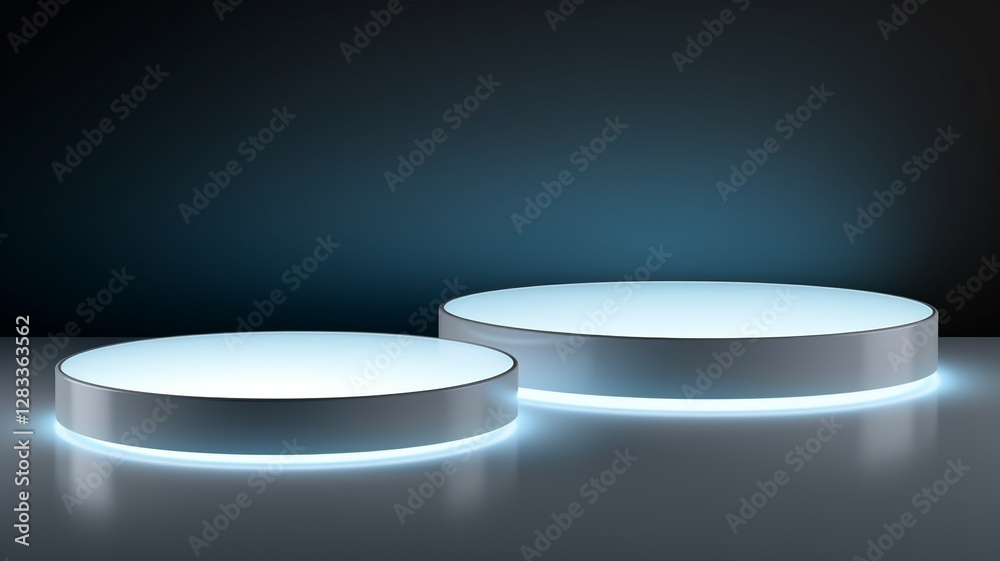 Two illuminated circular platforms stand ready, bathed in cool blue ...