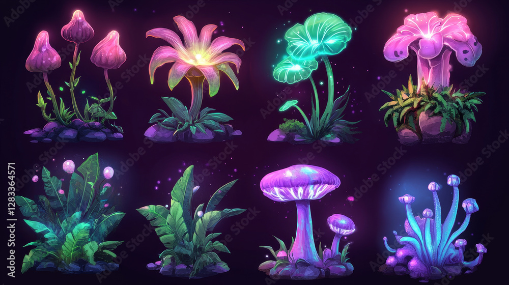 Fantasy plants, magic or alien planet mushrooms and trees. Cartoon ...