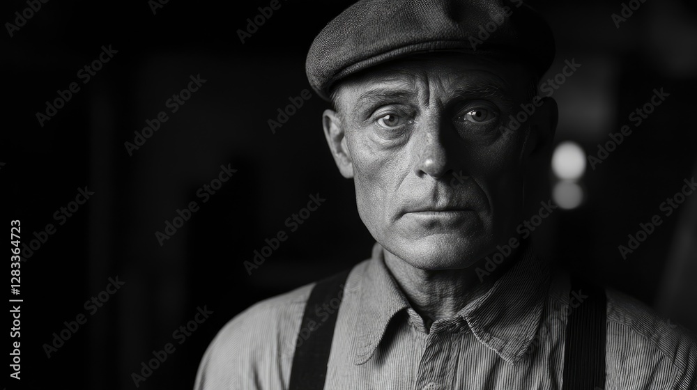 Black-and-white photographic portrait of an early 1900s factory worker ...