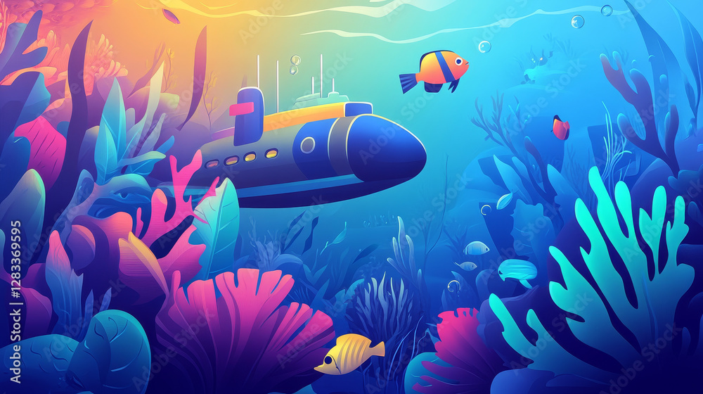 Sea world explorer cartoon landing page. Underwater landscape with ...