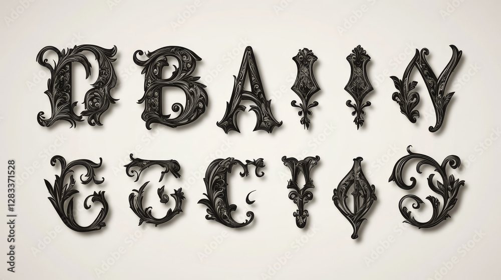 Vintage gothic font vector illustration. Set of unique decorative black ...