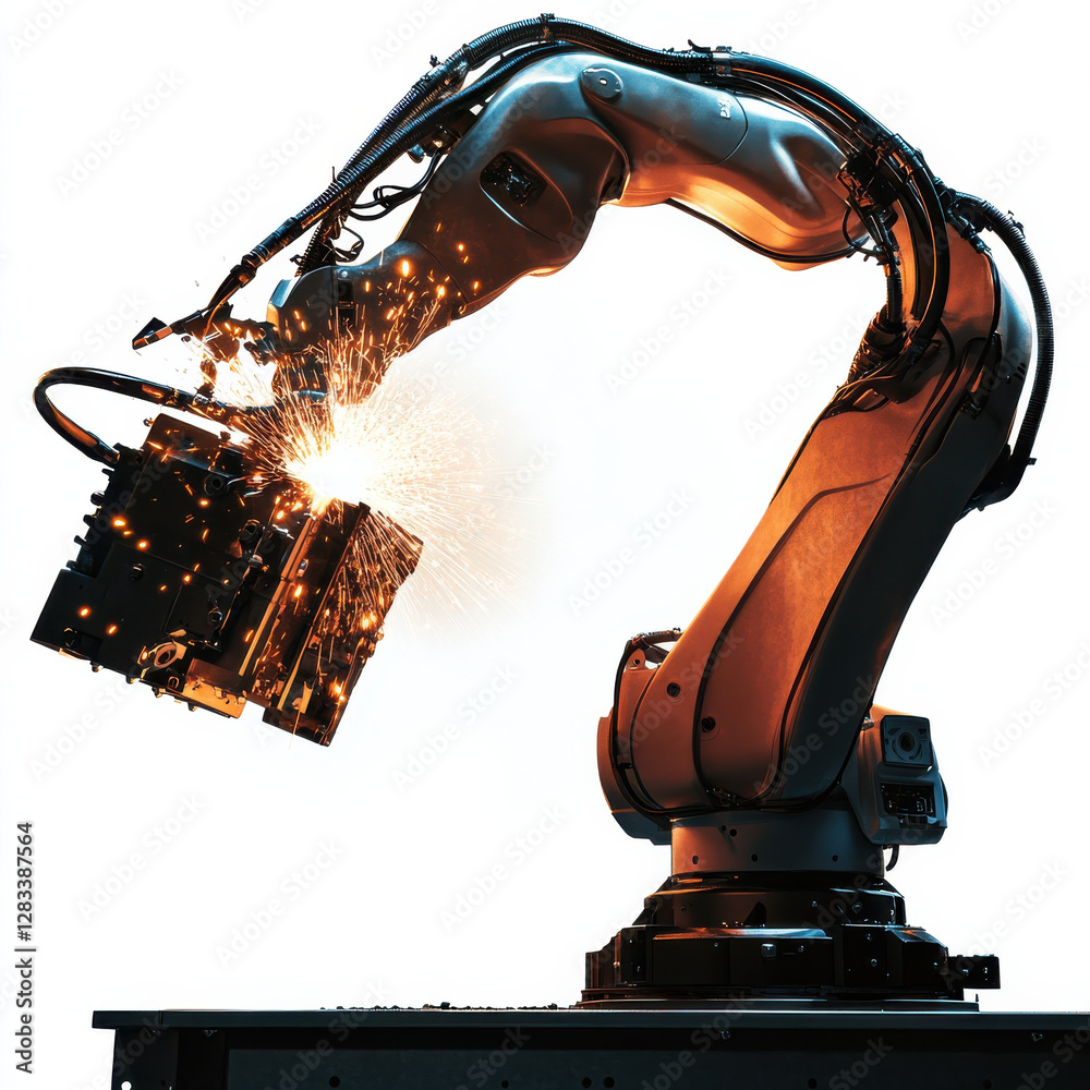 Automated manufacturing robot welding parts in a high-tech industrial ...