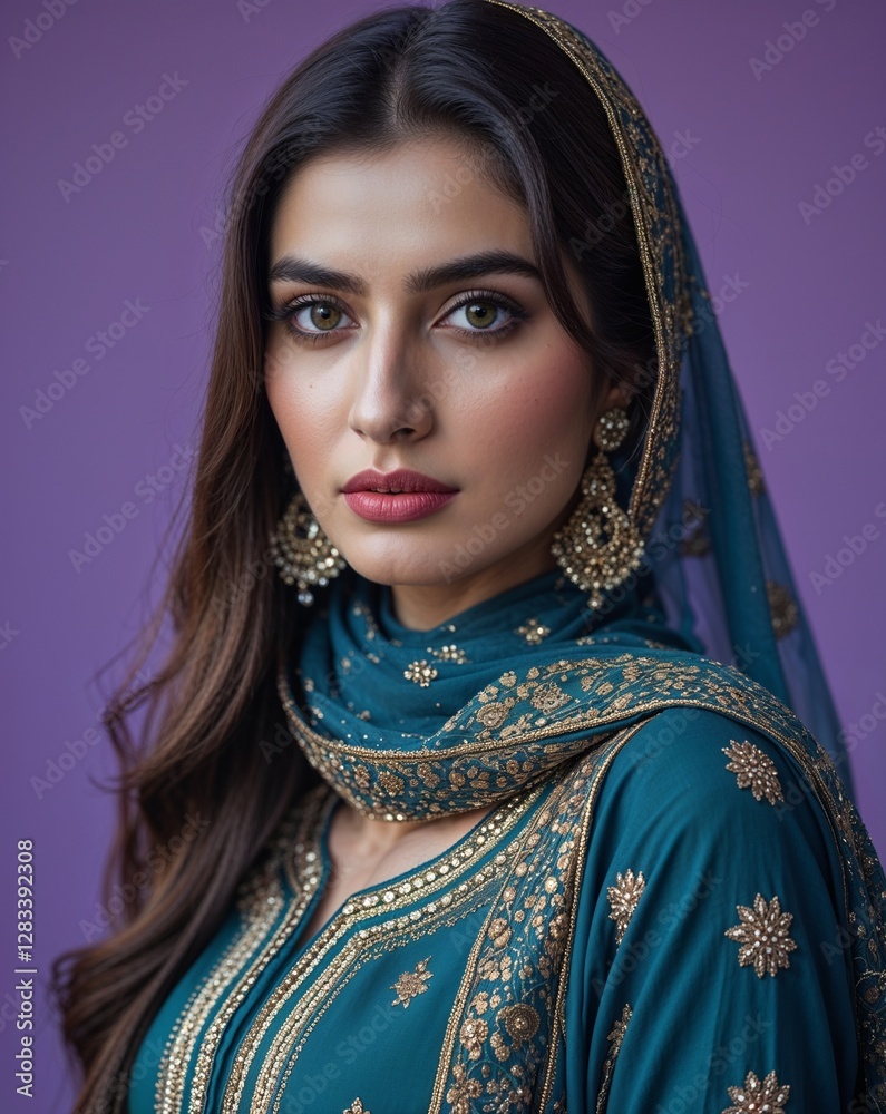 Pakistani female young adult in a shalwar kameez on close up portrait ...