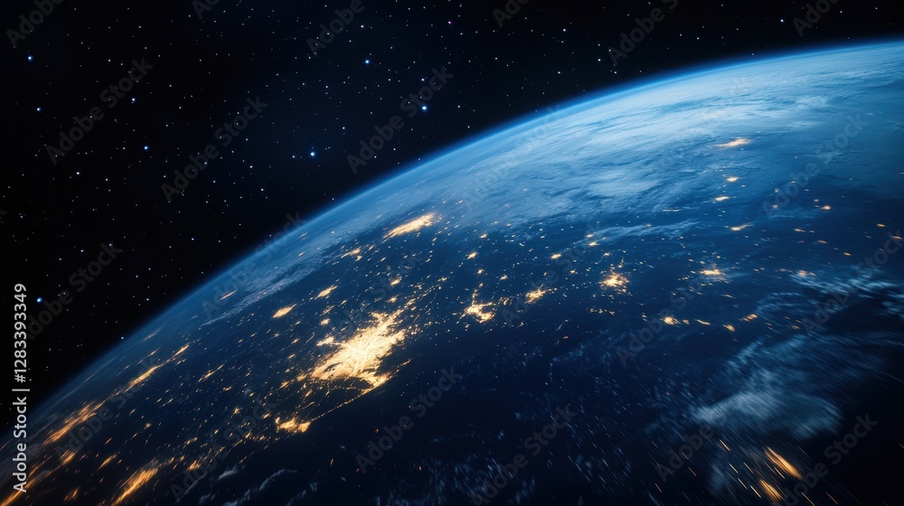 Earth from space with illuminated cities and continents visible at ...