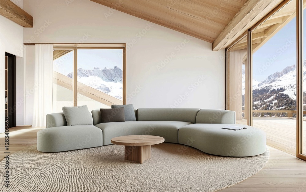 Scandinavian modern living room featuring a modular curved sofa in pale ...