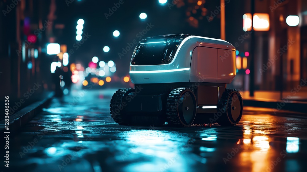 Future Delivery Robot at Night: A futuristic delivery robot navigates a ...