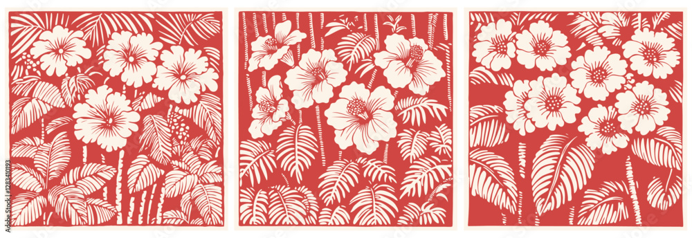 Vector illustration set of three floral panels with hibiscus flowers ...