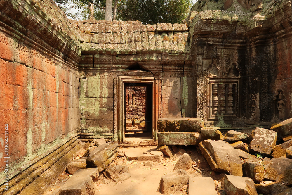 Inside one of the courtyards of the Ta Prohm Temple, the walls are ...
