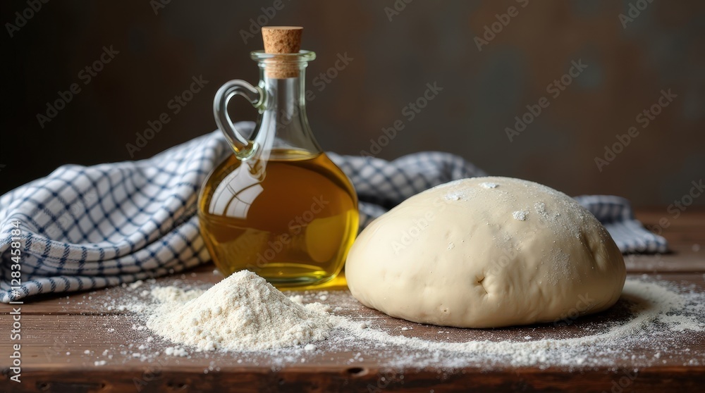 Preparing dough with olive oil and flour on a rustic tabletop for ...