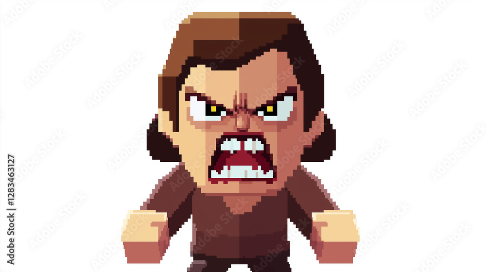 8-bit pixel art of an angry woman with brown hair, simple white ...