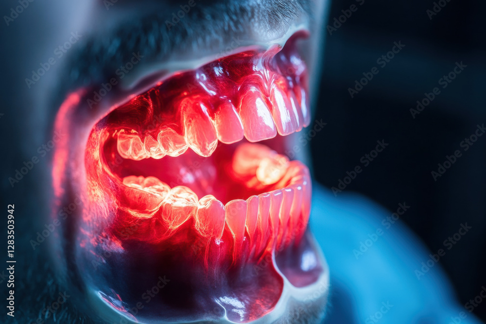 Dental problem, Close-up image of swollen red gums indicating ...