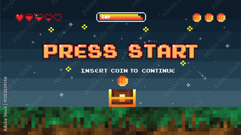 Press start.Pixel game win screen nighttime. Retro 8 bit video game interface with You Win text ...