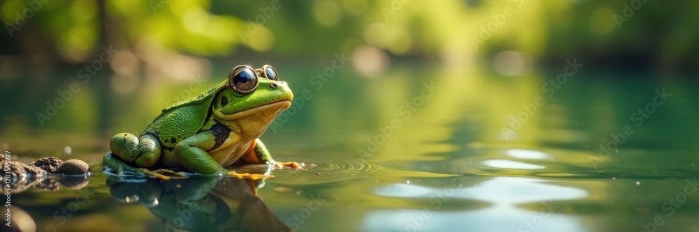 Frog with sunglasses relaxing in the sun by a tranquil lake, soothing ...