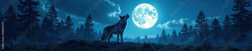 Full moon night forest landscape with a lone wolf standing upright on ...