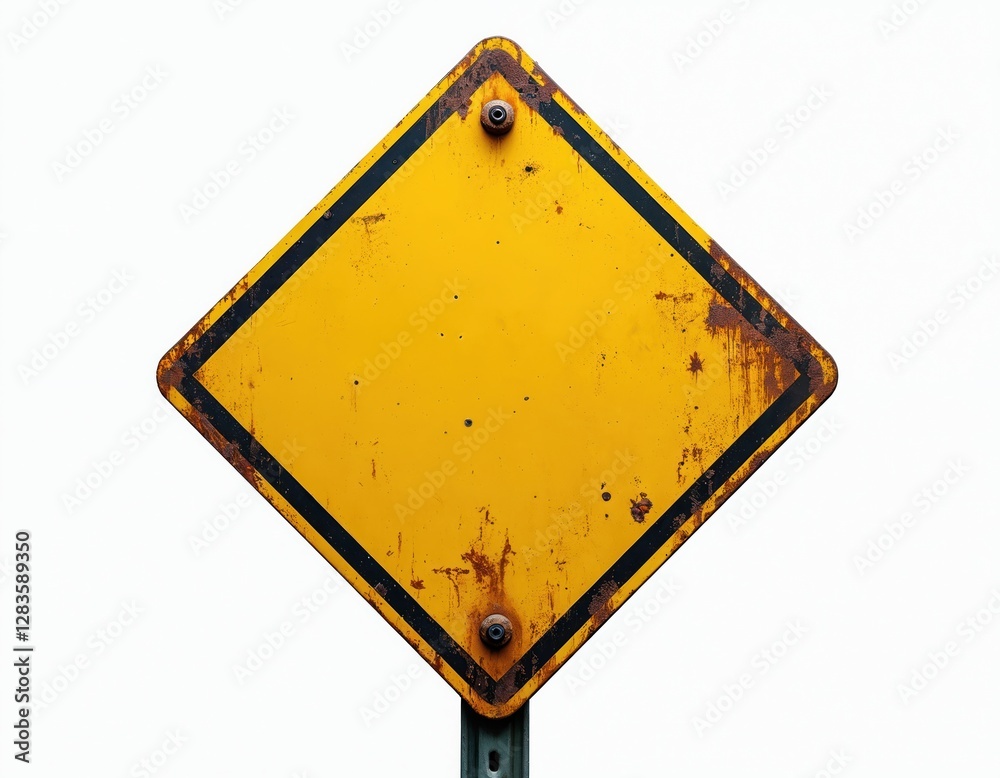 Rustic diamond-shaped yellow caution sign with black border on white ...