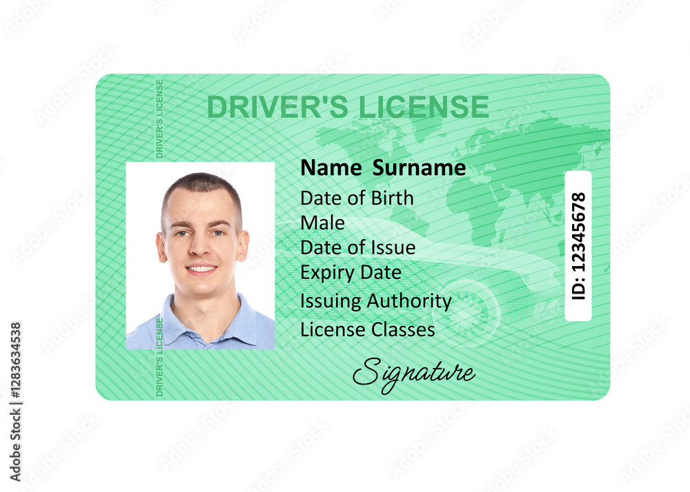 Driver's license with photo of man and world map illustration isolated ...
