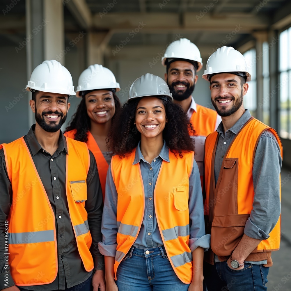 Diverse civil engineering team in safety vests, helmets. Multicultural construction workers ...