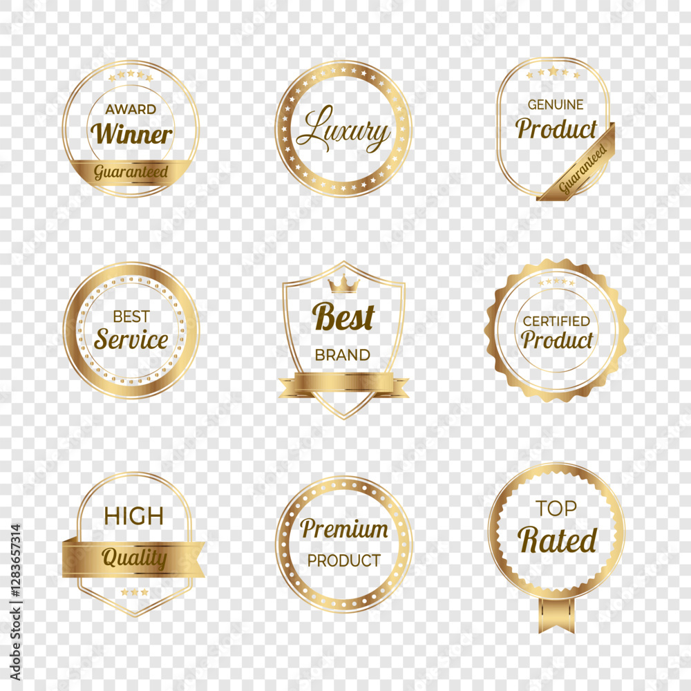 Premium gold label set with shiny metallic frame. Elegant vector badges ...