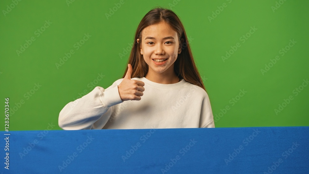 Asian girl child peeks out and shows thumbs up, positive wow expression, isolated on chroma key ...