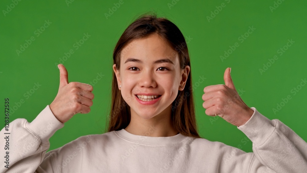 Asian girl child looks at camera and shows thumb up hand sign, positive expression, isolated on ...