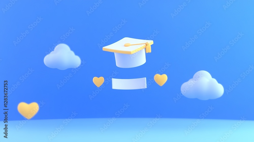 Whimsical 3D Graduation Celebration: Floating Mortarboard, Diploma ...