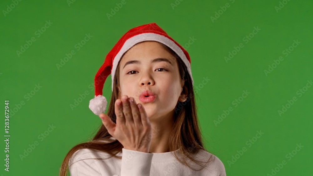 Asian girl child in santa hat blows an air kiss and smiles, positive ...