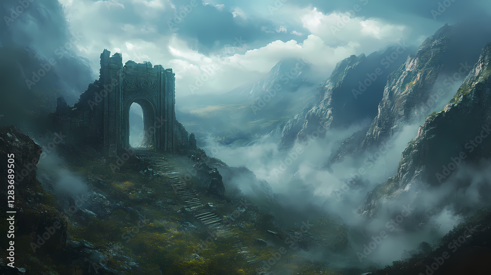 Mystical ruins overlook a foggy mountain valley suggesting a portal to ...